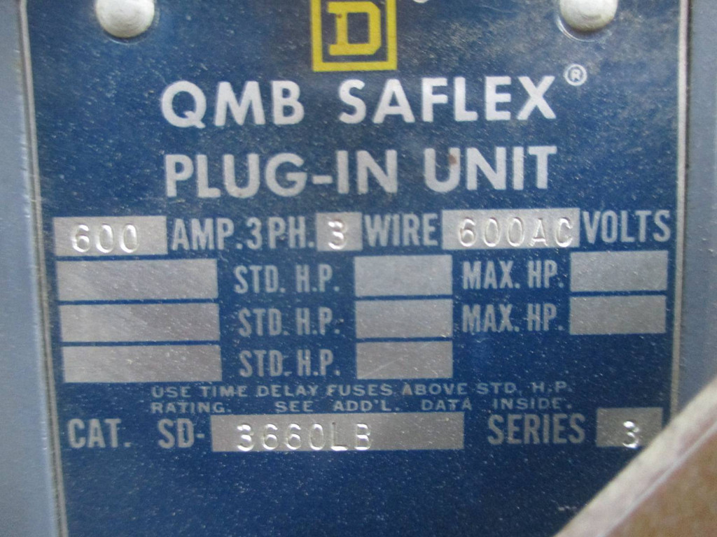Square D SD-3660LB QMB Saflex Plug-In Unit 600A 600 V 3Ph 3W Bus Plug ...