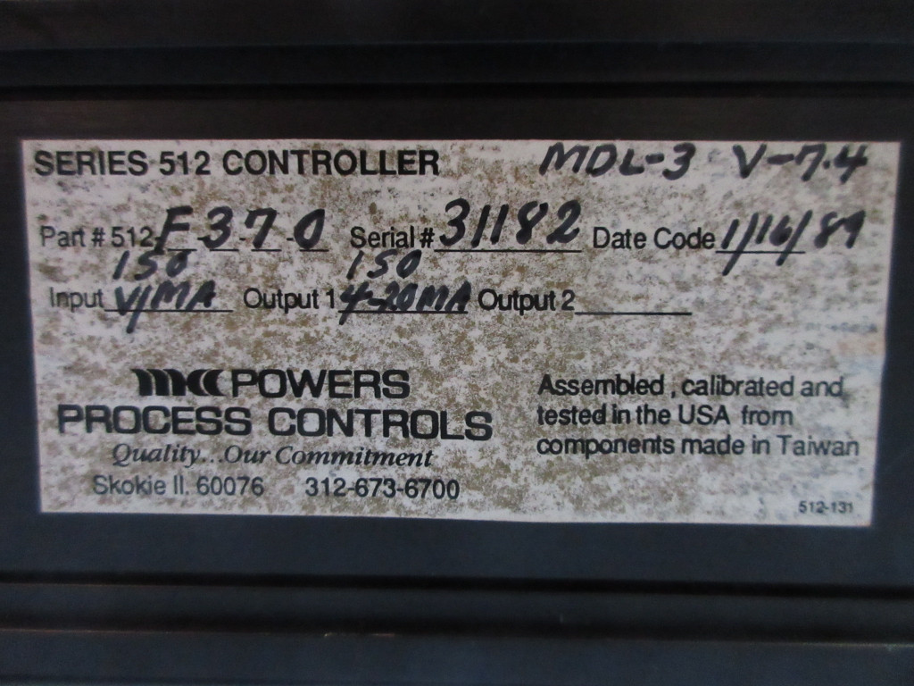 Powers Process Controls Series 512 Process Controller Part No. 512-F-3 ...