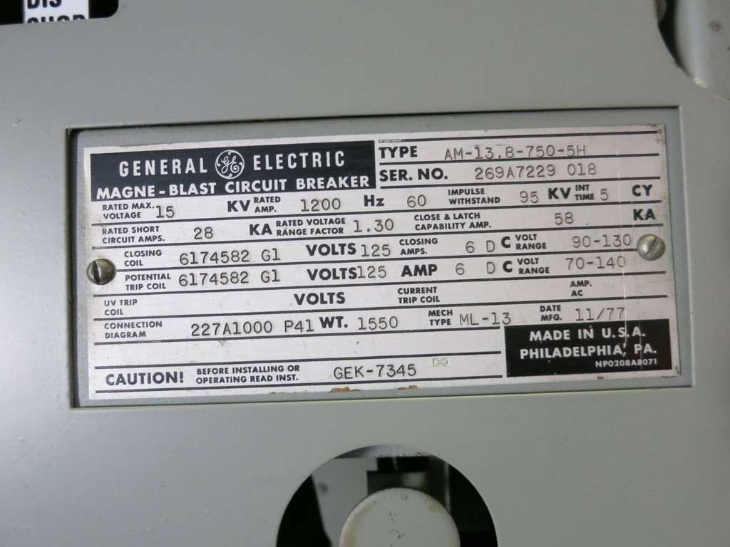 Vacuum Retrofit GE Magne-Blast AM-13.8-750-5H 1200A VVC Breaker General ...