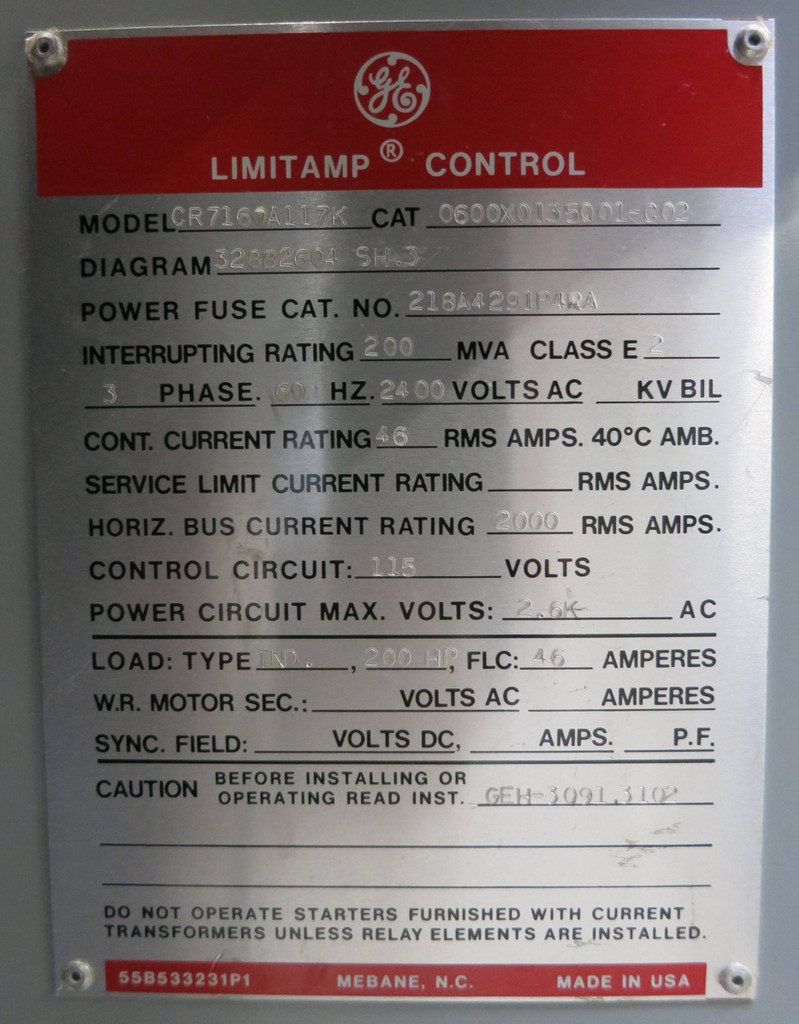 GE Limitamp Control Panel 200HP 2400V CR7160A117K Contactor ...