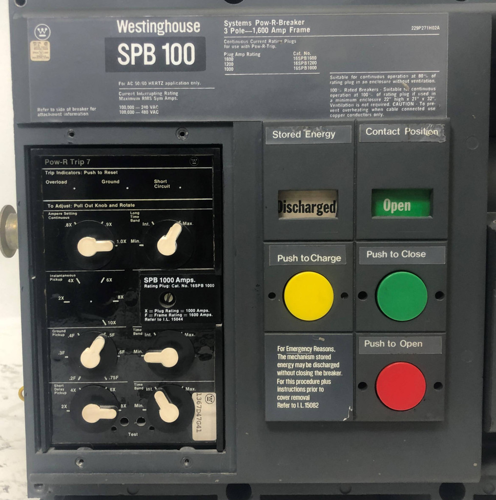 CH Westinghouse SPB 100 1600A Drawout EO Pow-R Breaker LSG 1000 Amp ...