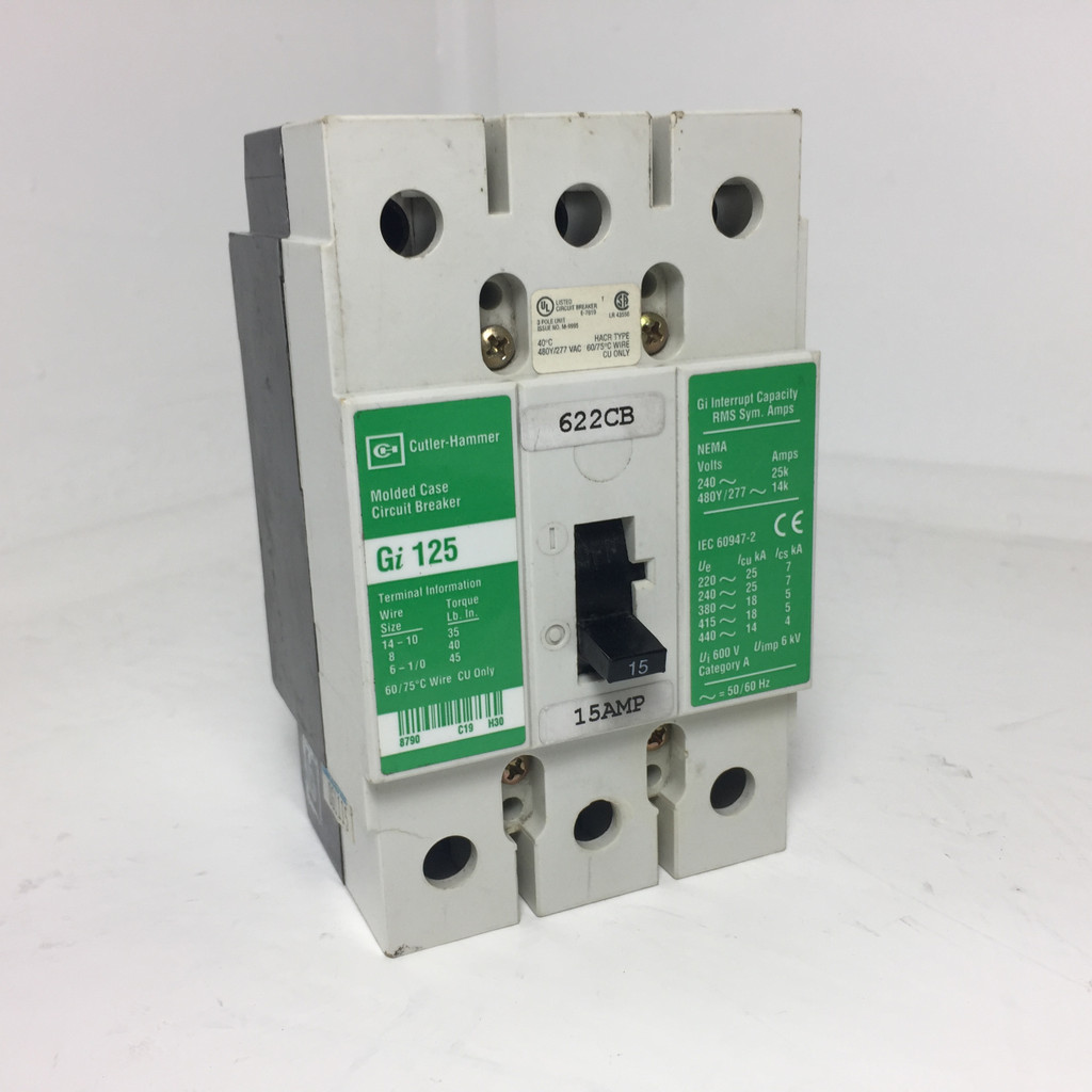 Cutler-Hammer Gi 125 15A Circuit Breaker Green w/ Clip 480 VAC 3P Gi125 ...