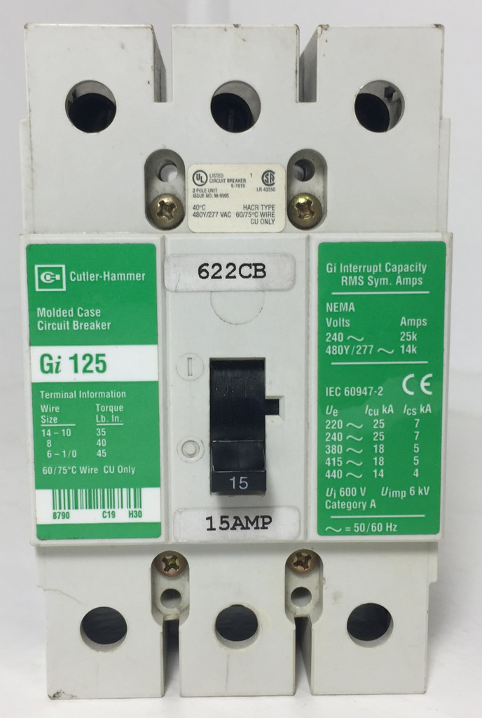 Cutler-Hammer Gi 125 15A Circuit Breaker Green w/ Clip 480 VAC 3P Gi125 ...