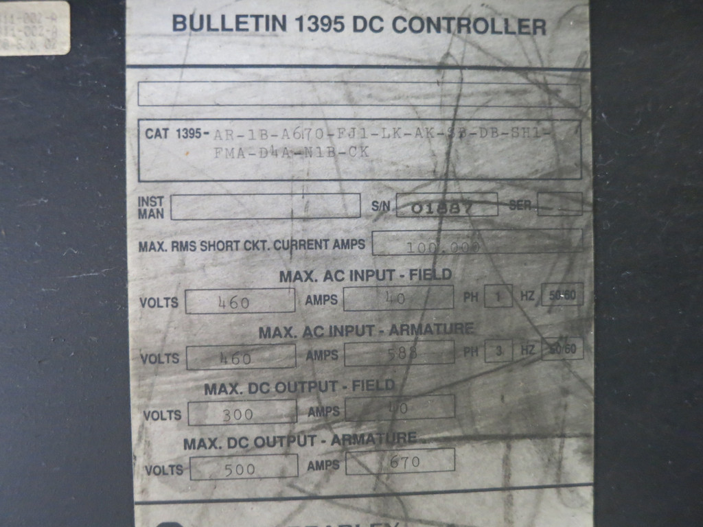 Allen Bradley 1395 Digital DC Drive 400 HP Controller 670A 400HP 460V ...