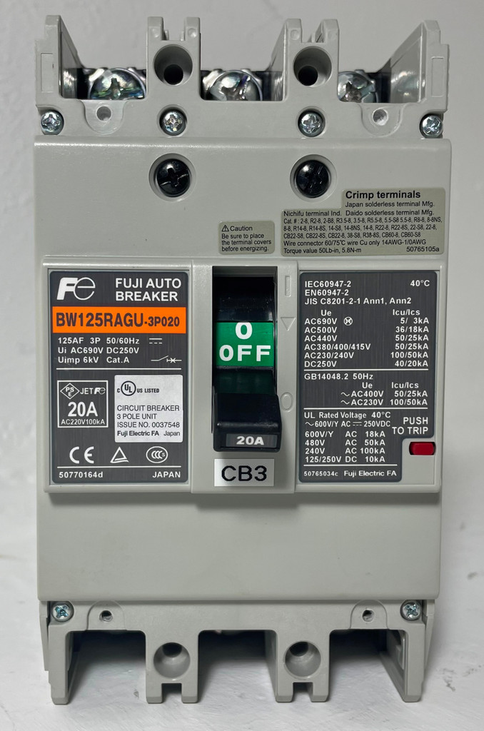 Fuji Electric BW125RAGU-3P020 125A Auto Circuit Breaker w/ 20 Amp Trip ...
