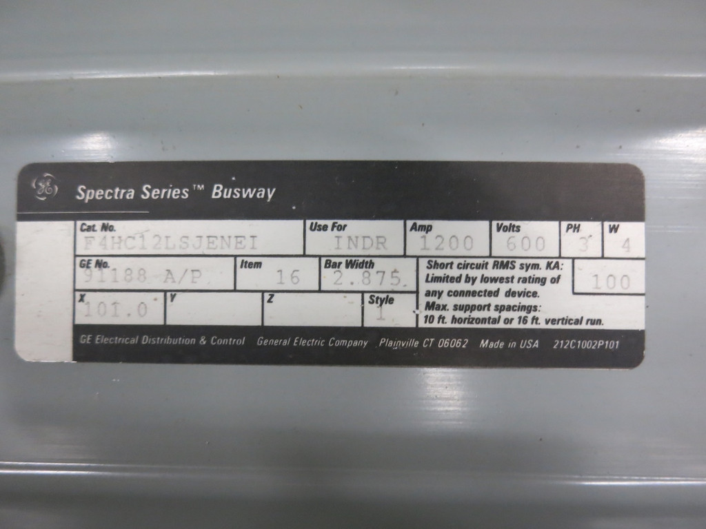 GE Spectra Busway 1200A 101" Copper Feeder 1200 Amp Stick 600V 3PH 4W ...