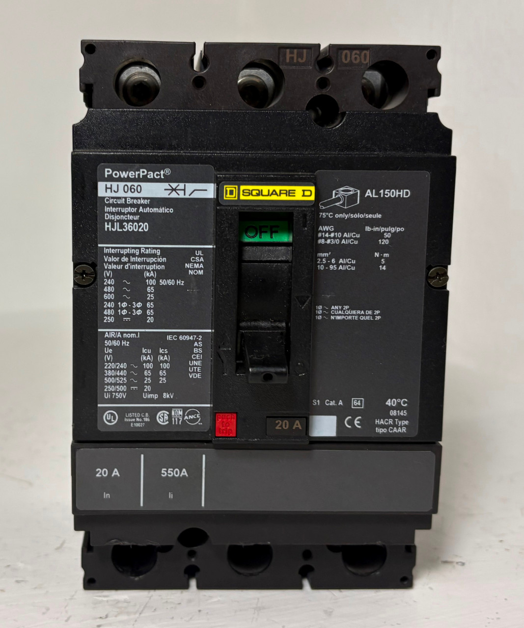 Square D HJL36020 20A PowerPact Circuit Breaker HJ 060 600V 3 Pole ...
