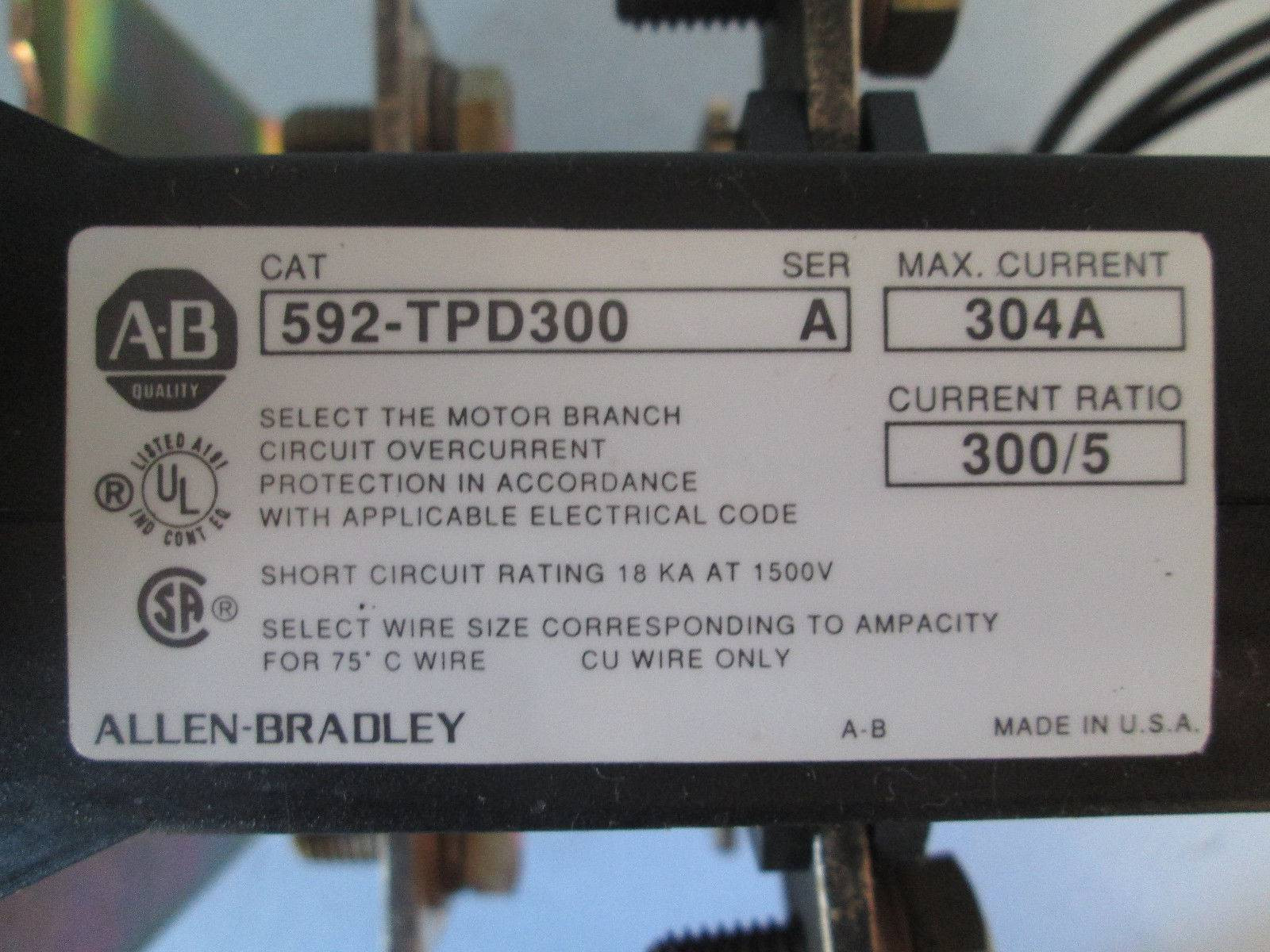 AB 592-TPD300 Ser A Overload Relay 304A 300/5 /w 592-JOV16 Allen ...