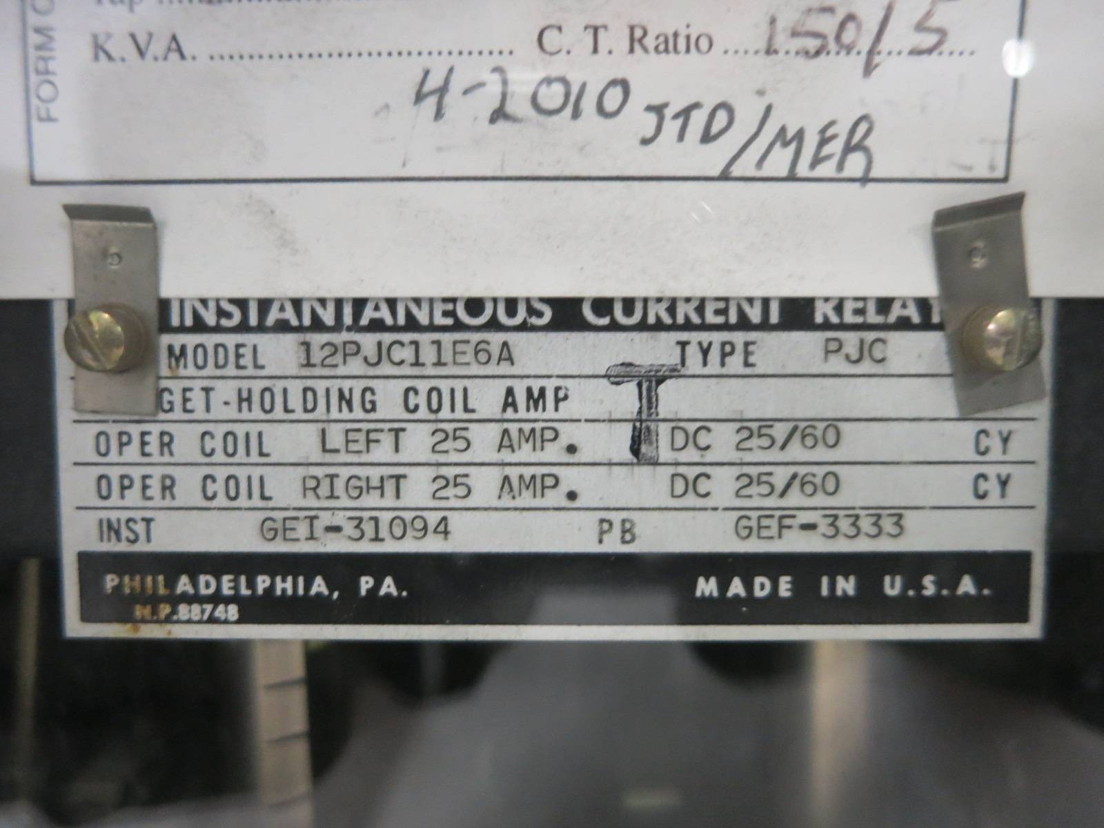 GE 12PJC11E6A Instantaneous Current Relay PJC 60Hz General Electric ...