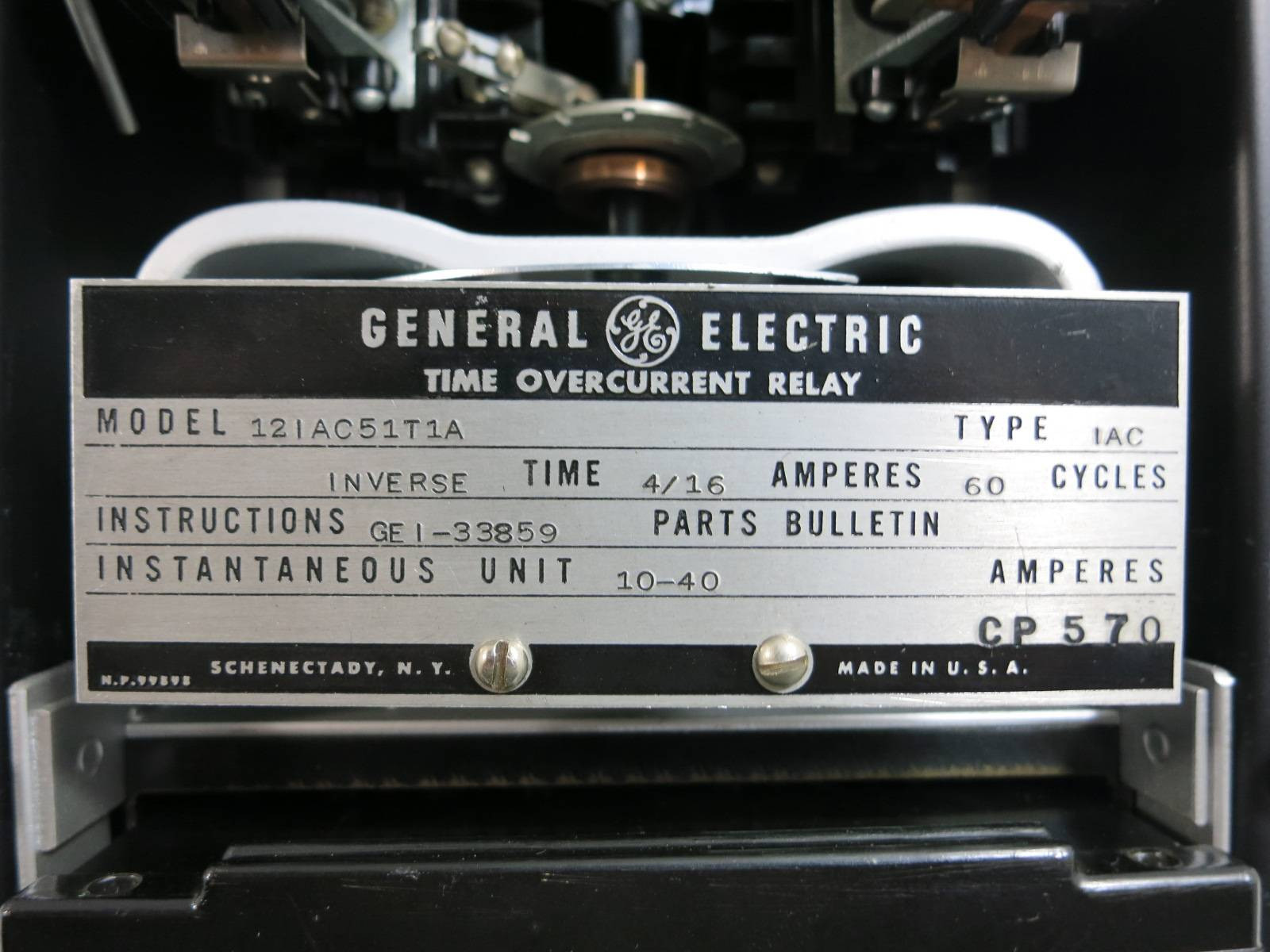 General Electric 12IAC51T1A Time Overcurrent Relay GE Inverse Time Type ...