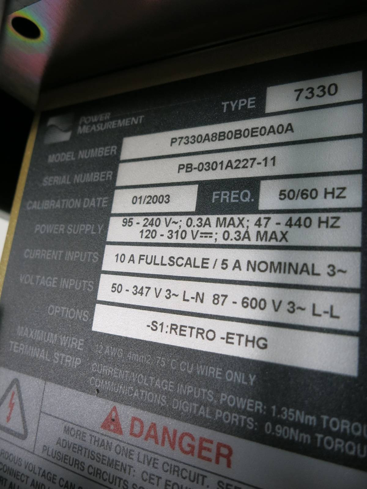 Power Measurement PL7330A8B0B0E0A0A ION Type 7330 Operator Interface 60 ...