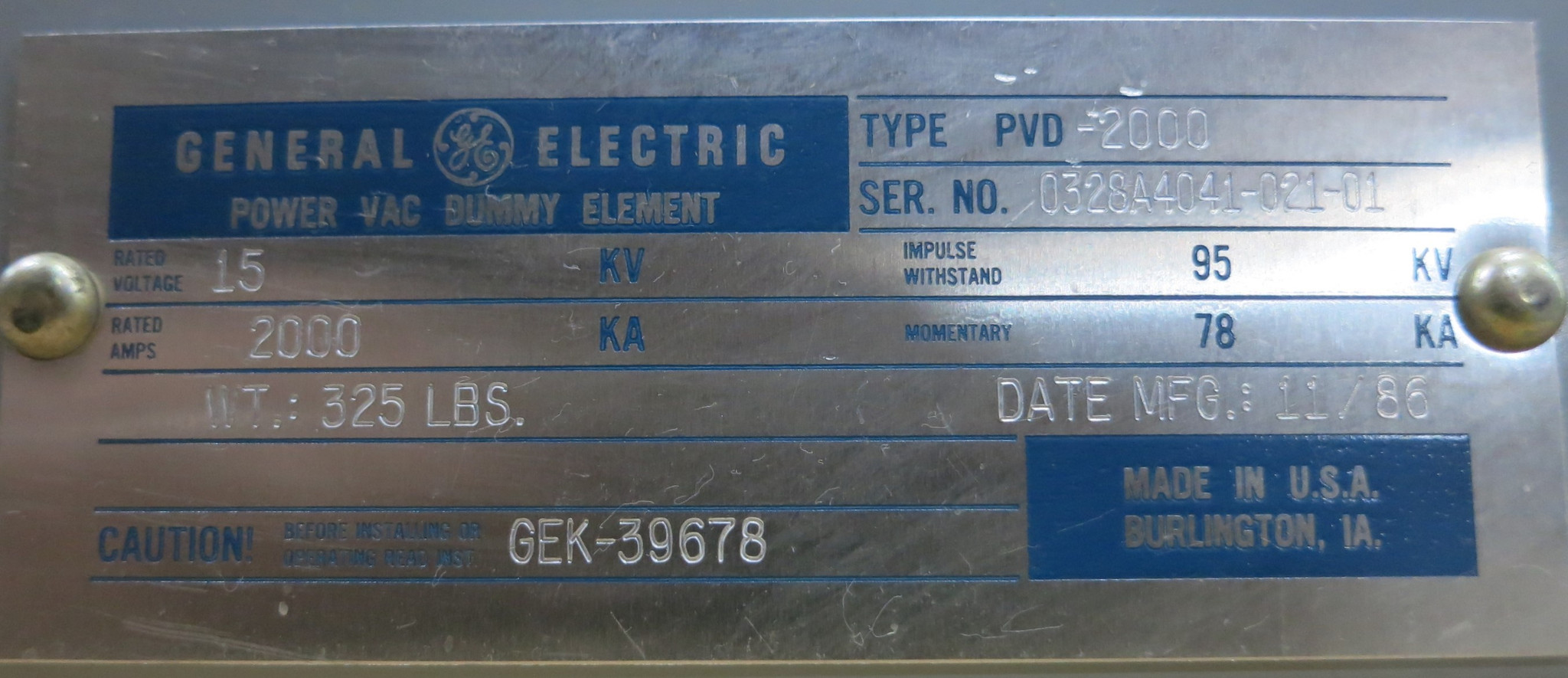 GE Power/Vac 2000A PVD-2000 15 kV Dummy Element General Electric ...