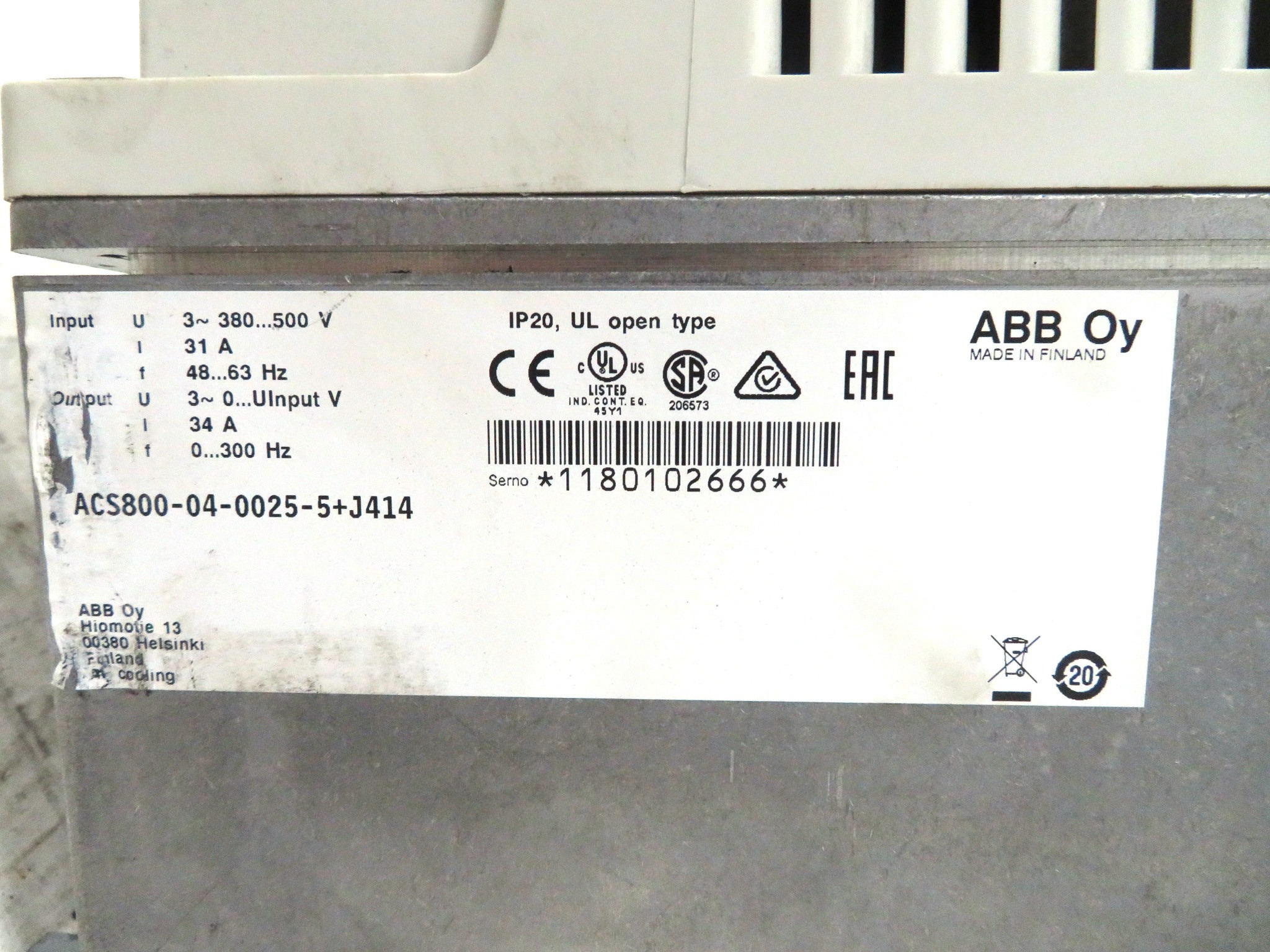 ABB ACS800-04-0025-5+J414 25HP AC VS Drive 480V 34A 25 HP 18.5kW Hz ...