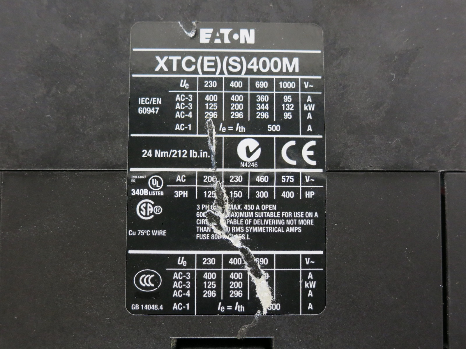Eaton XTCE400M 400A Motor Contactor 24-48VDC Coil 300 HP @ 460V 3P XTC ...