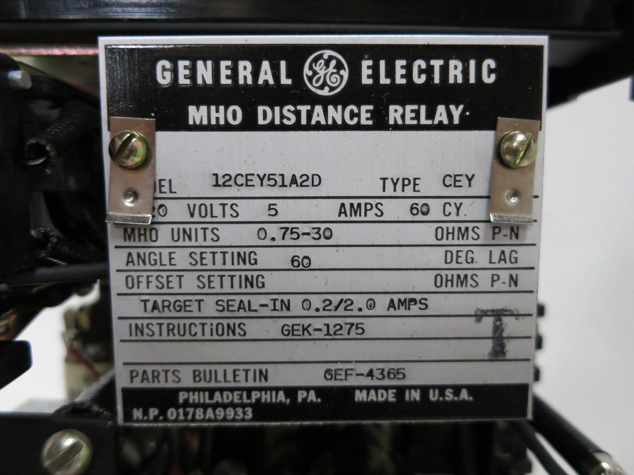 GE 12CEY51A2D MHO Distance Relay Type CEY MHO Units 0.75-30 Ohms No ...