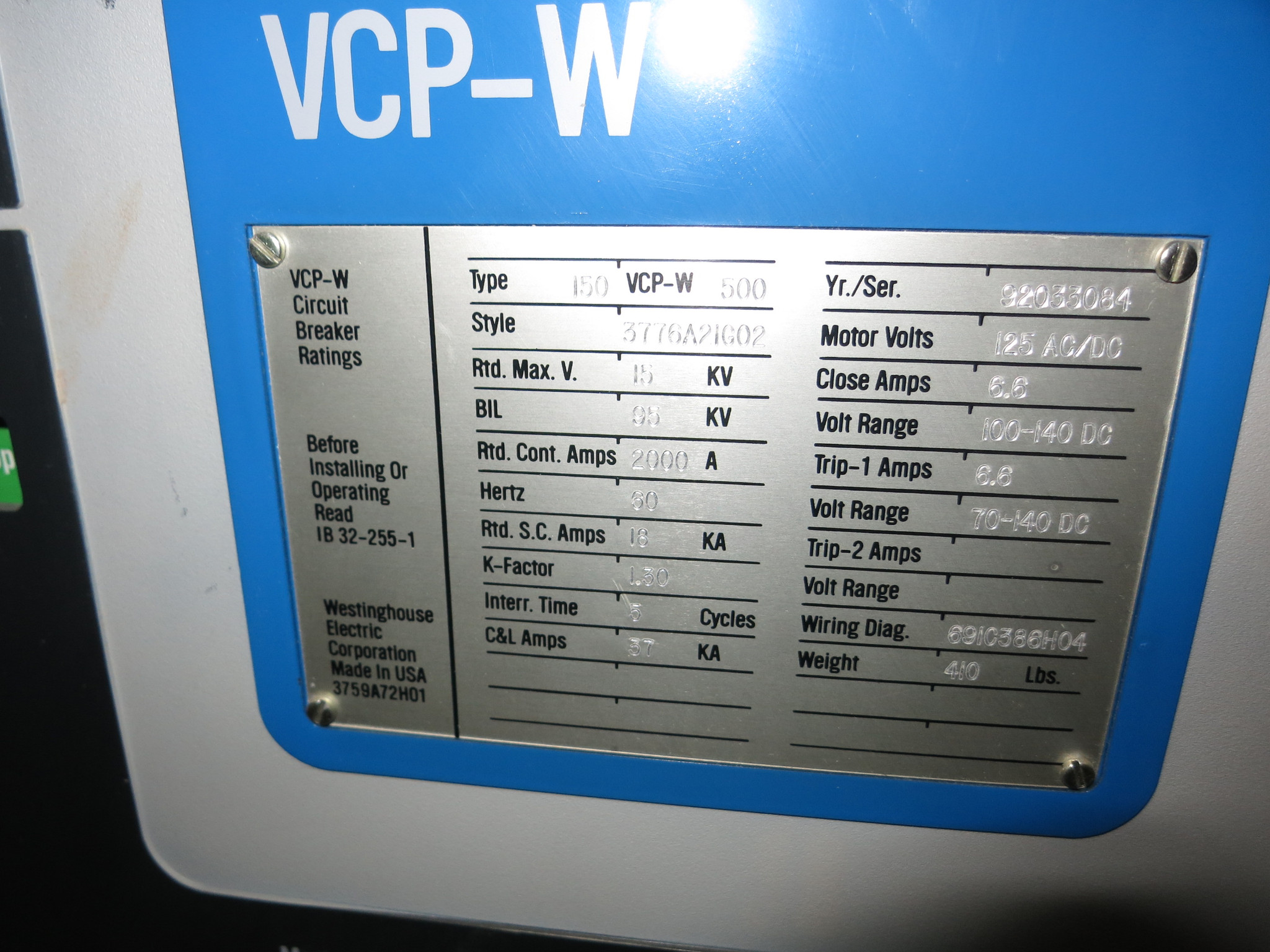 Westinghouse 150VCP-W500 2000 Amp 15kV Vacuum Circuit Breaker ...