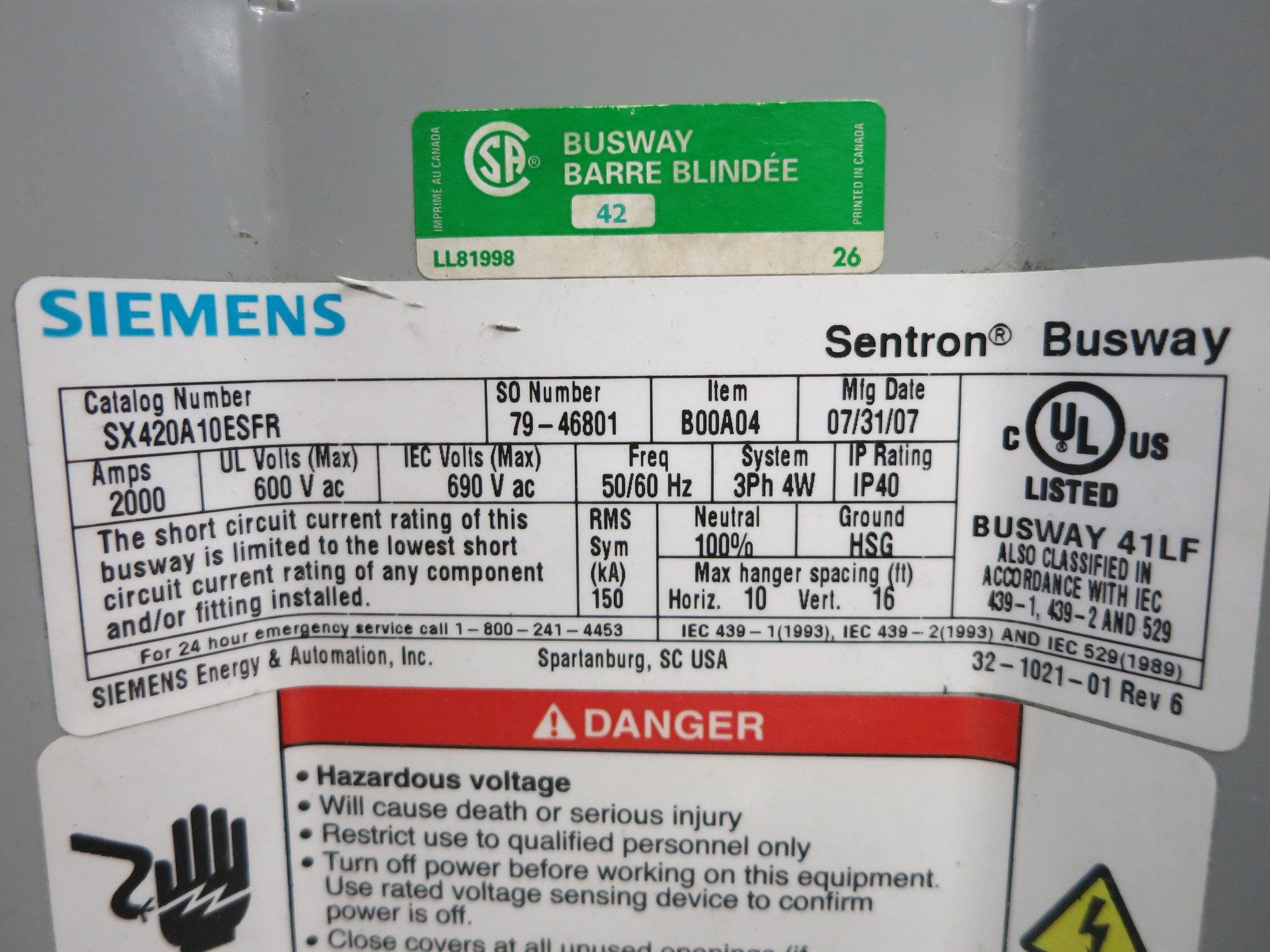 Siemens SX420A10ESFR Sentron Busway 2000A Elbow Flat Connector Stack ...