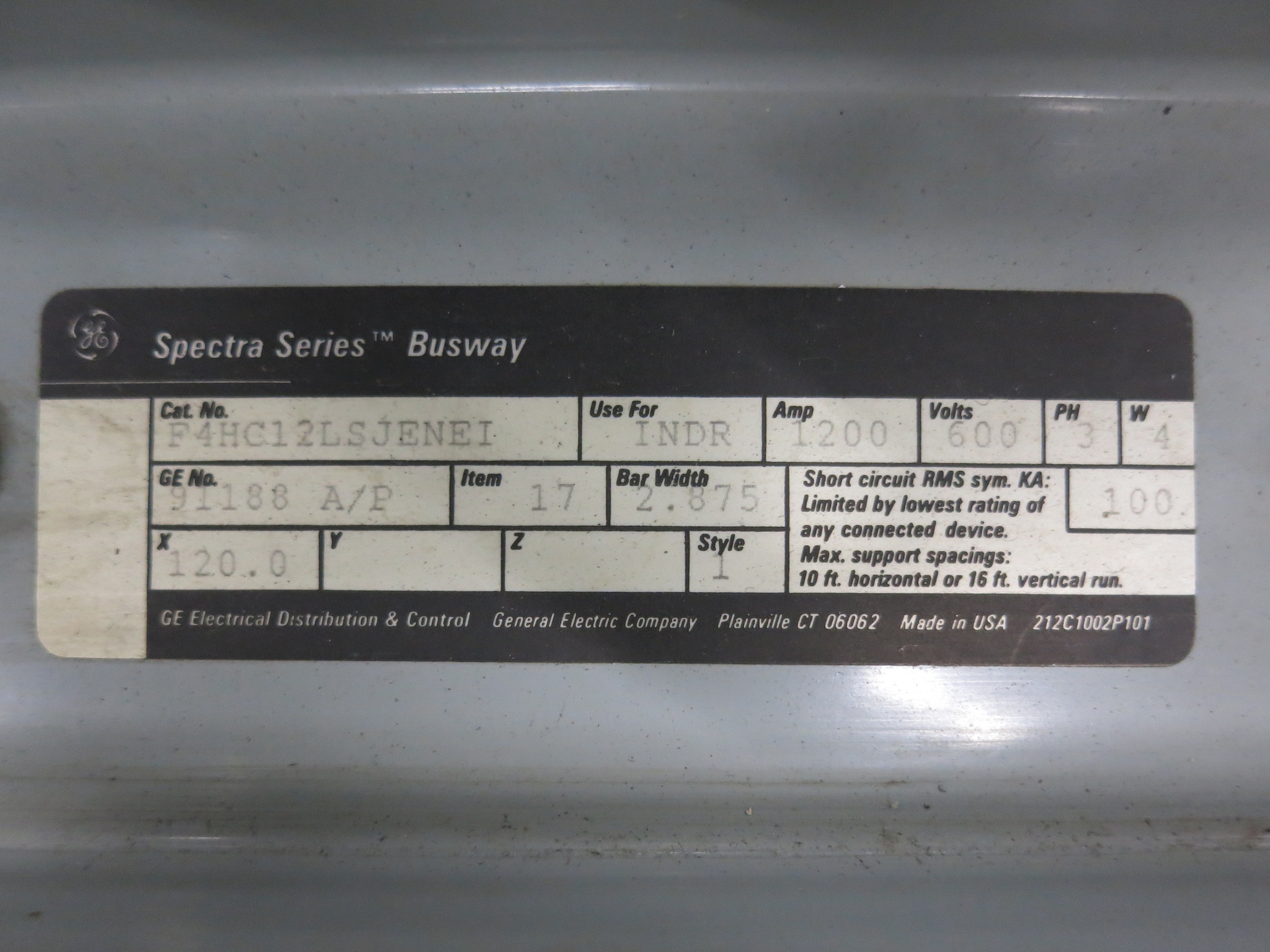GE Spectra Busway 1200A 120" Copper Feeder 1200 Amp 10 Ft Stick 600V ...