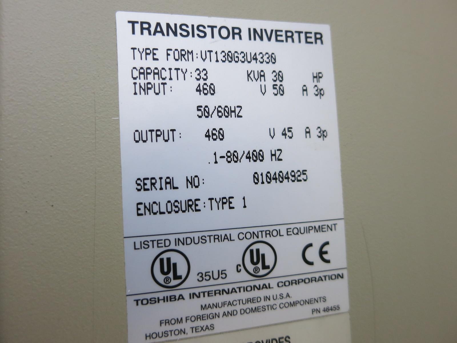 Toshiba VT130G3U4330 30HP G3 Tosvert-130 Inverter VS AC Drive 460V 300 ...