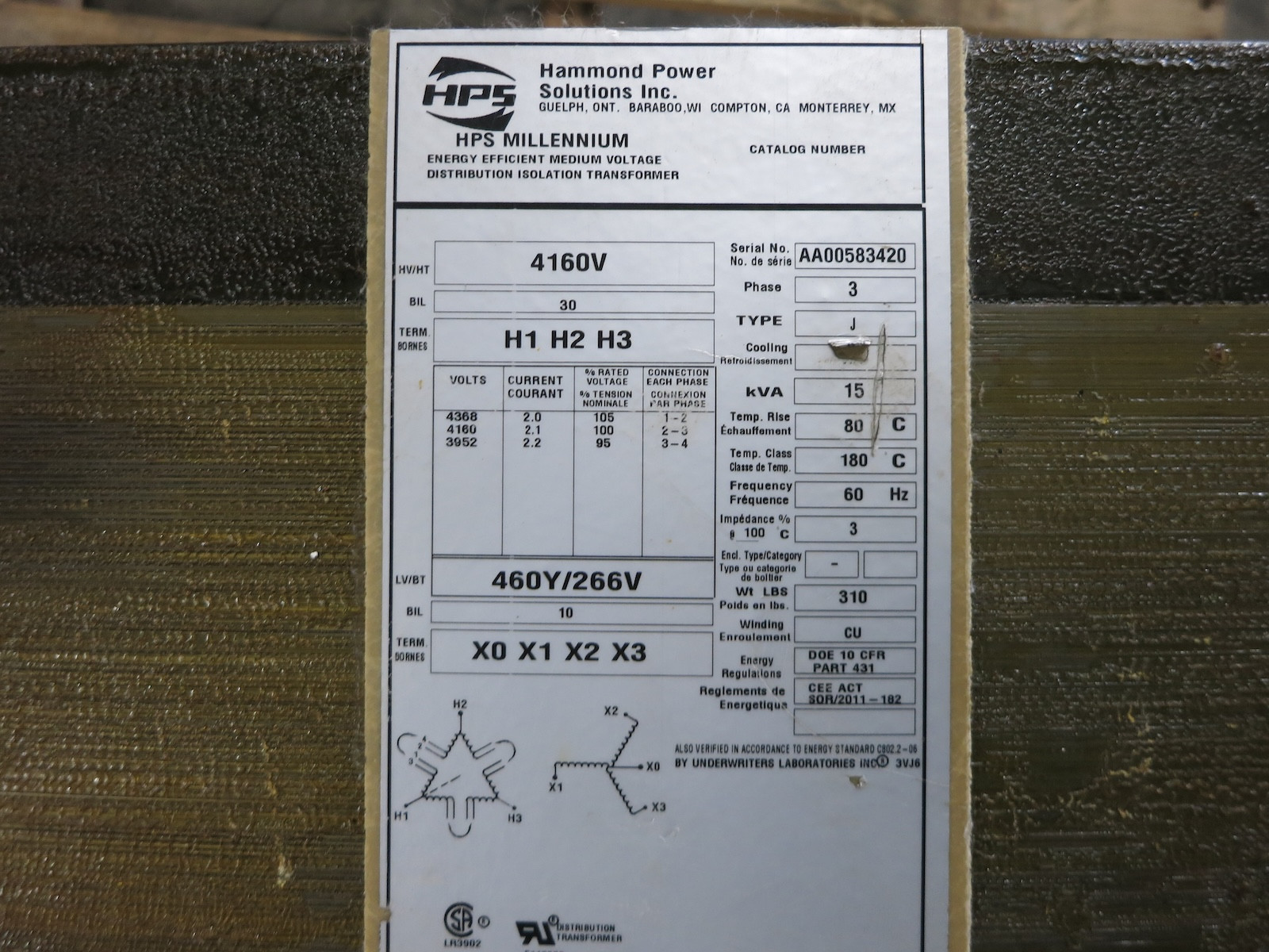 Hammond 15 kVA 4160 Delta to 460Y/266 V 3PH Dry Type Transformer 4160V ...