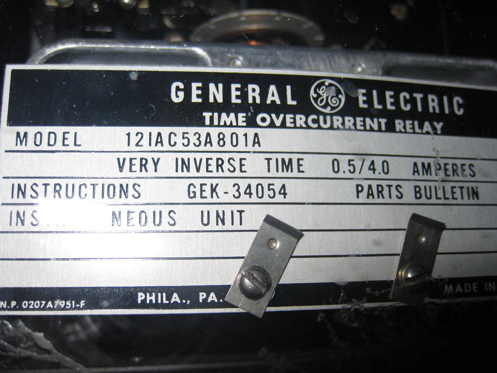 GE 12IAC53A801A Time Overcurrent Relay Very Inverse 0.5-4 Amp General ...