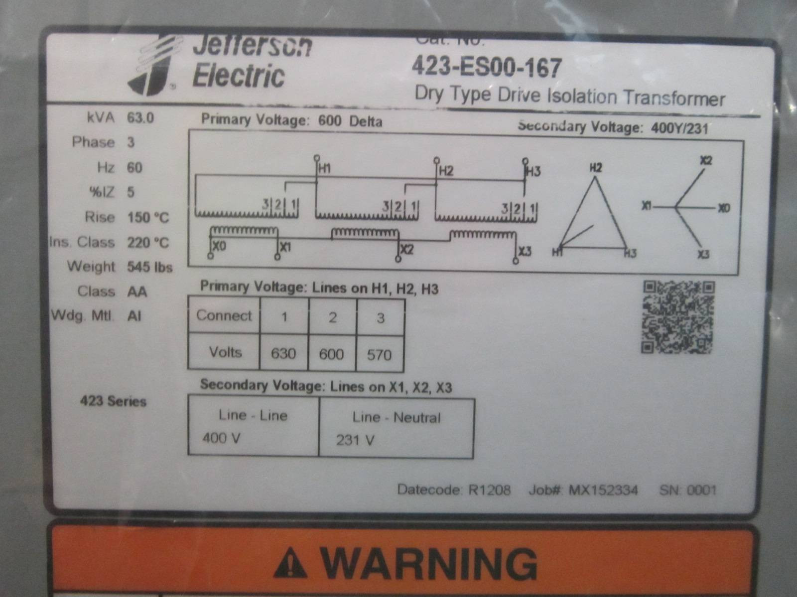 NEW Jefferson 63 kVA 600 Delta 400Y/231 423-ES00-167 Drive Isolation ...