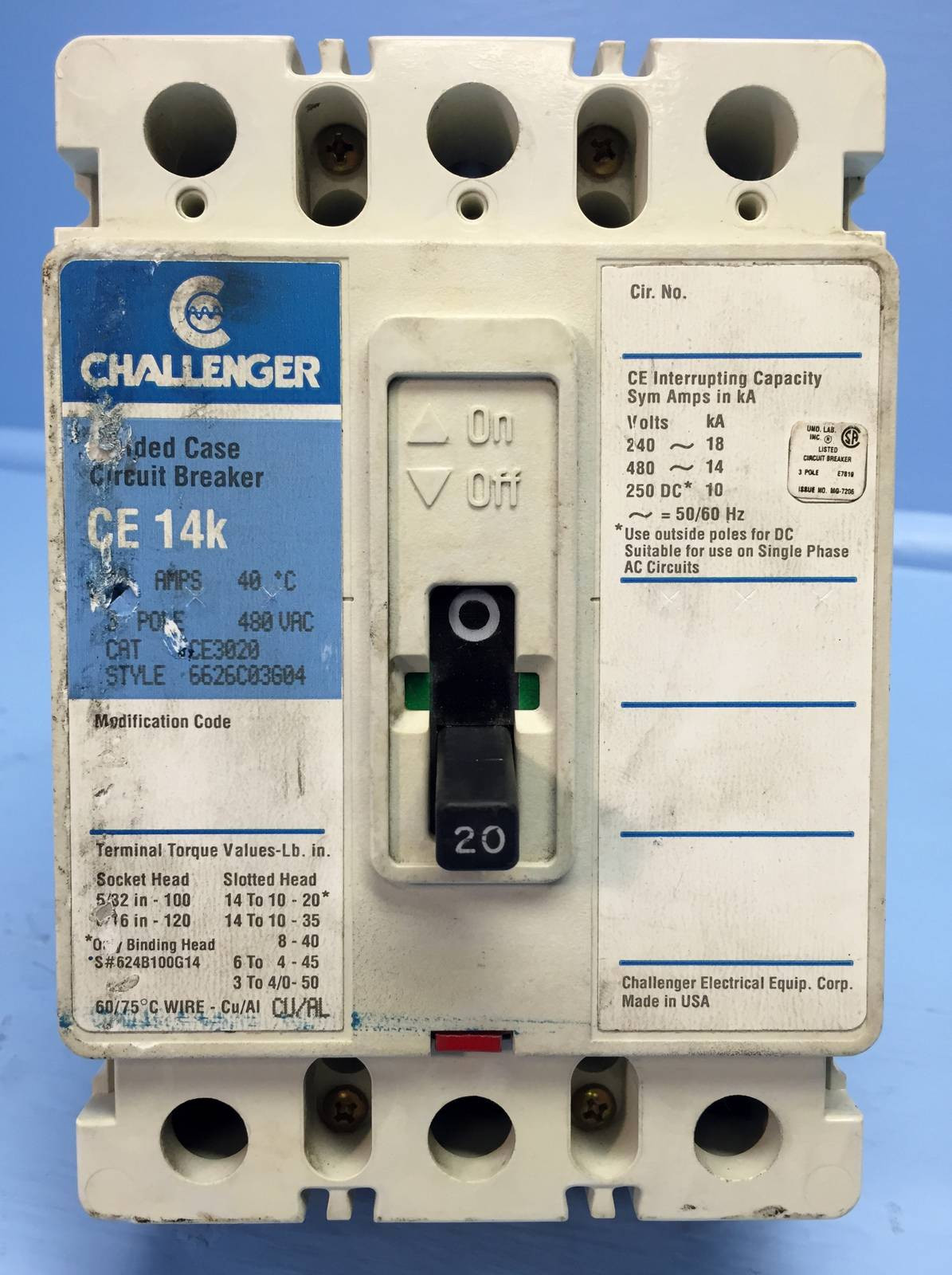 Challenger CE3020 20A Circuit Breaker 480V CE 14k CE3020L Cutler-Hammer ...
