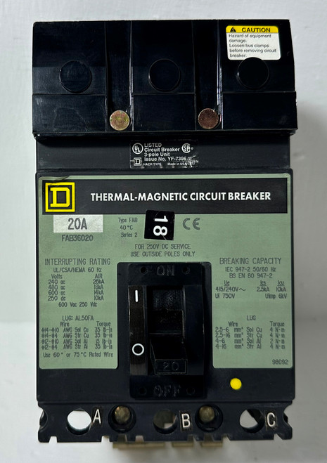 Square D I-Line FCB24020AB 20A Circuit Breaker 2 Pole 480 VAC Type FCB ...