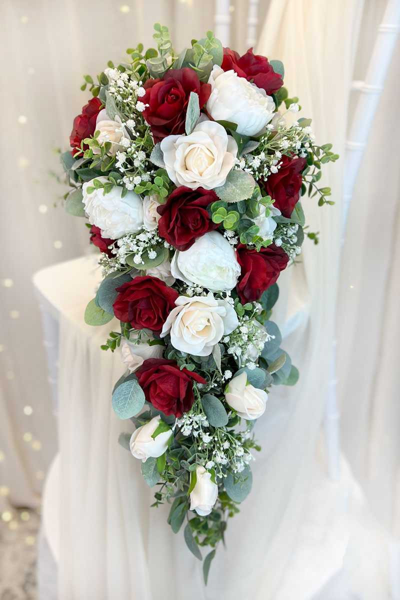 Beautiful Ivory and Red Rose Cascade Bouquet