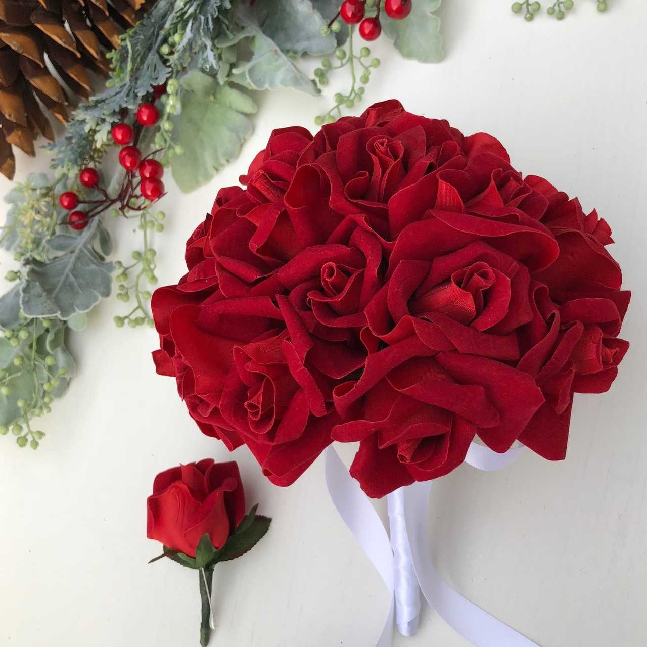 Red Velvet Rose silk flower bridal bouquet