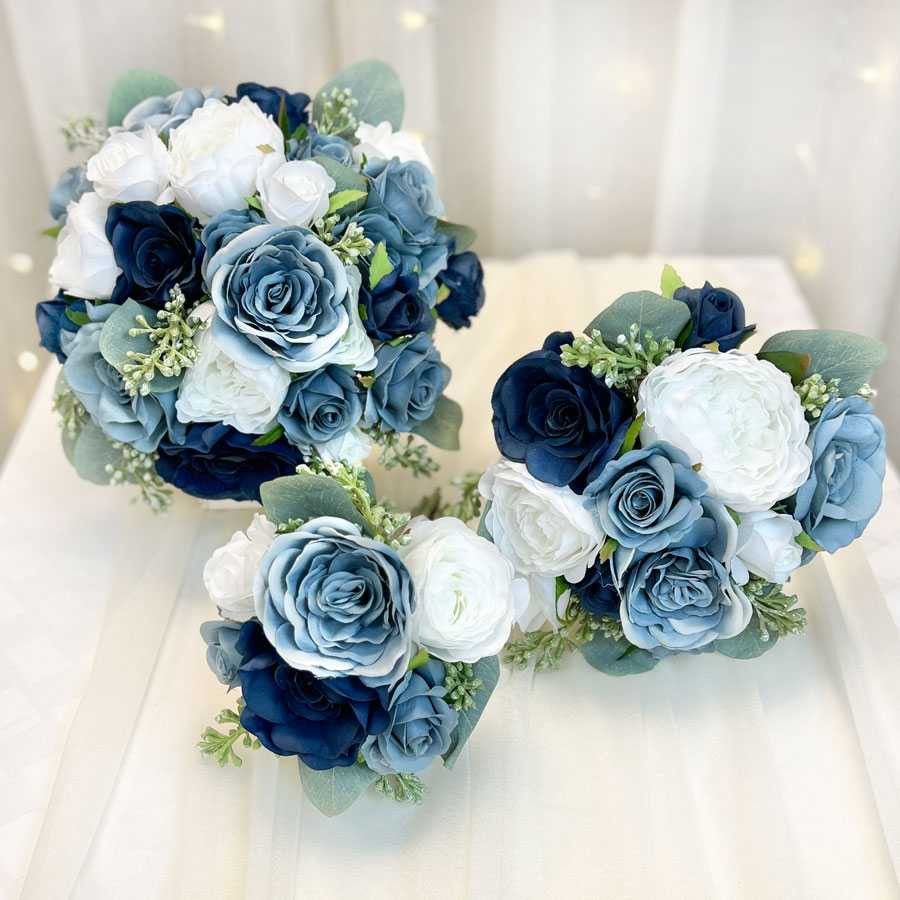 Slate & Dusty Blue Bridal Bouquet | Faux Flowers