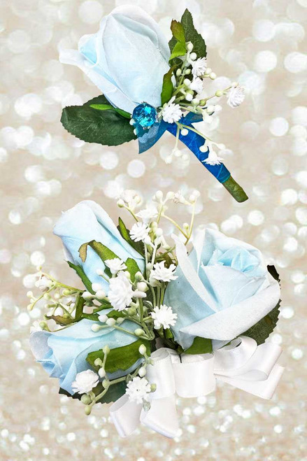 Light Blue Prom Boutonniere and Corsage | TheBridesBouquet