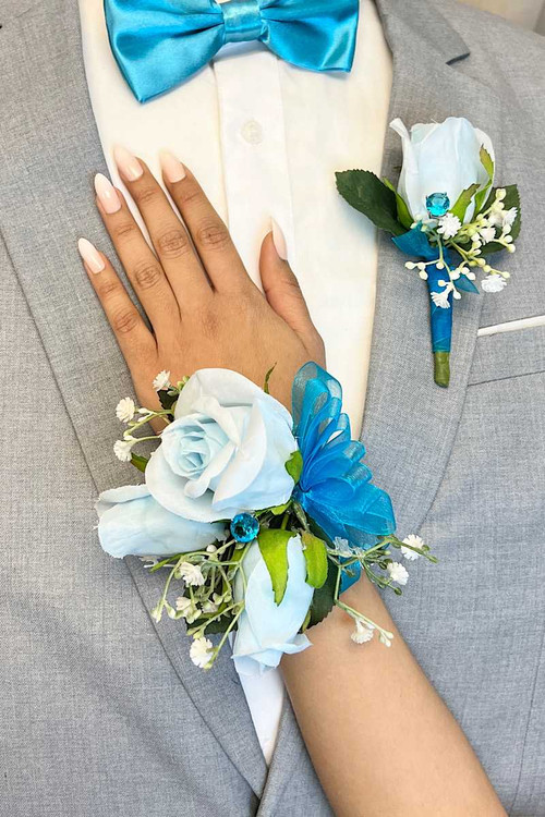 Light Blue Prom Boutonniere and Corsage | TheBridesBouquet