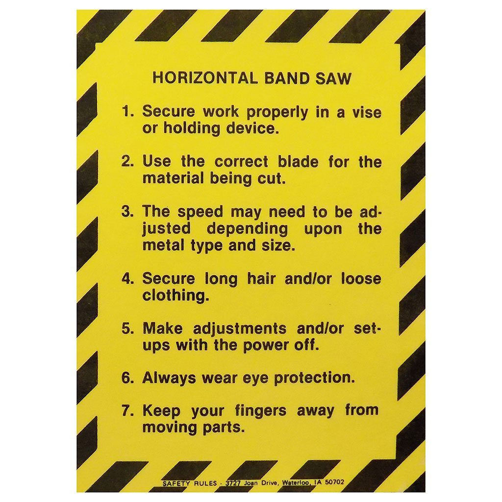 Safety Rules, Horizontal Band Saw, 8" x 11" | Midwest Technology