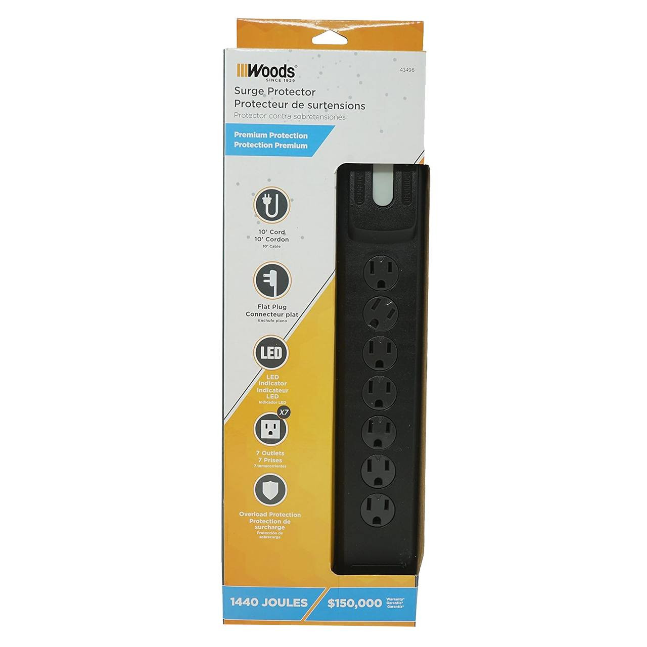 Woods 7-Outlet, 10’ Cord Surge Protector | Midwest Technology