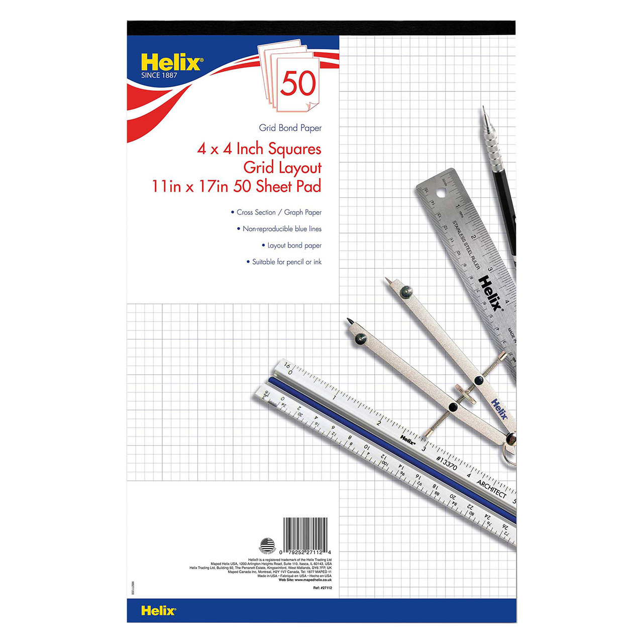 Helix 4x4 Grid Bond Paper, 11" x 17", Pk/50 - Midwest Technology Products
