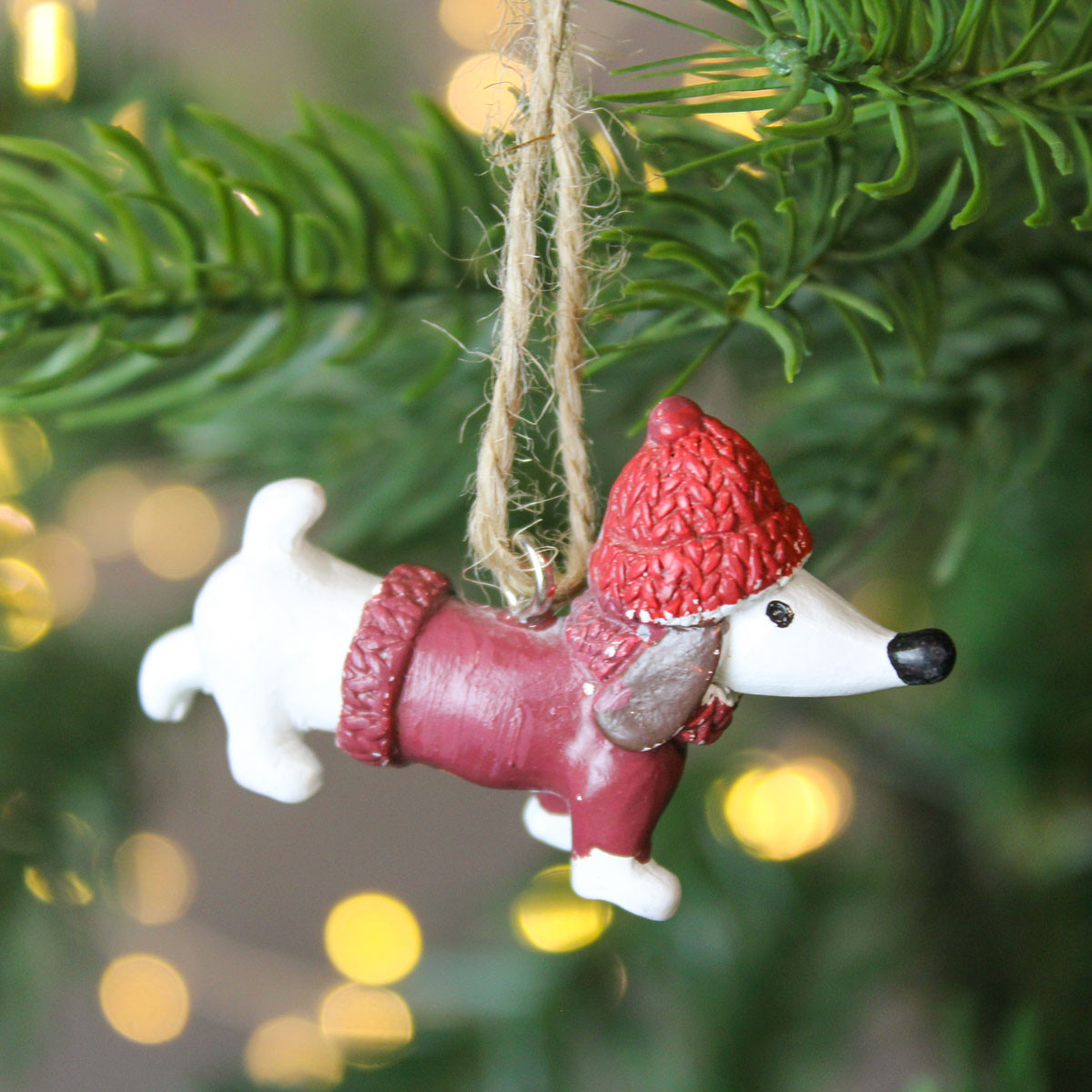 White Sausage Dog Resin Tree Decoration - 6cm | Charlies