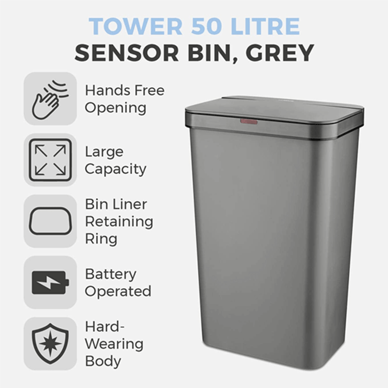 Tower 50L Rectangular Sensor Bin - Grey | Charlies