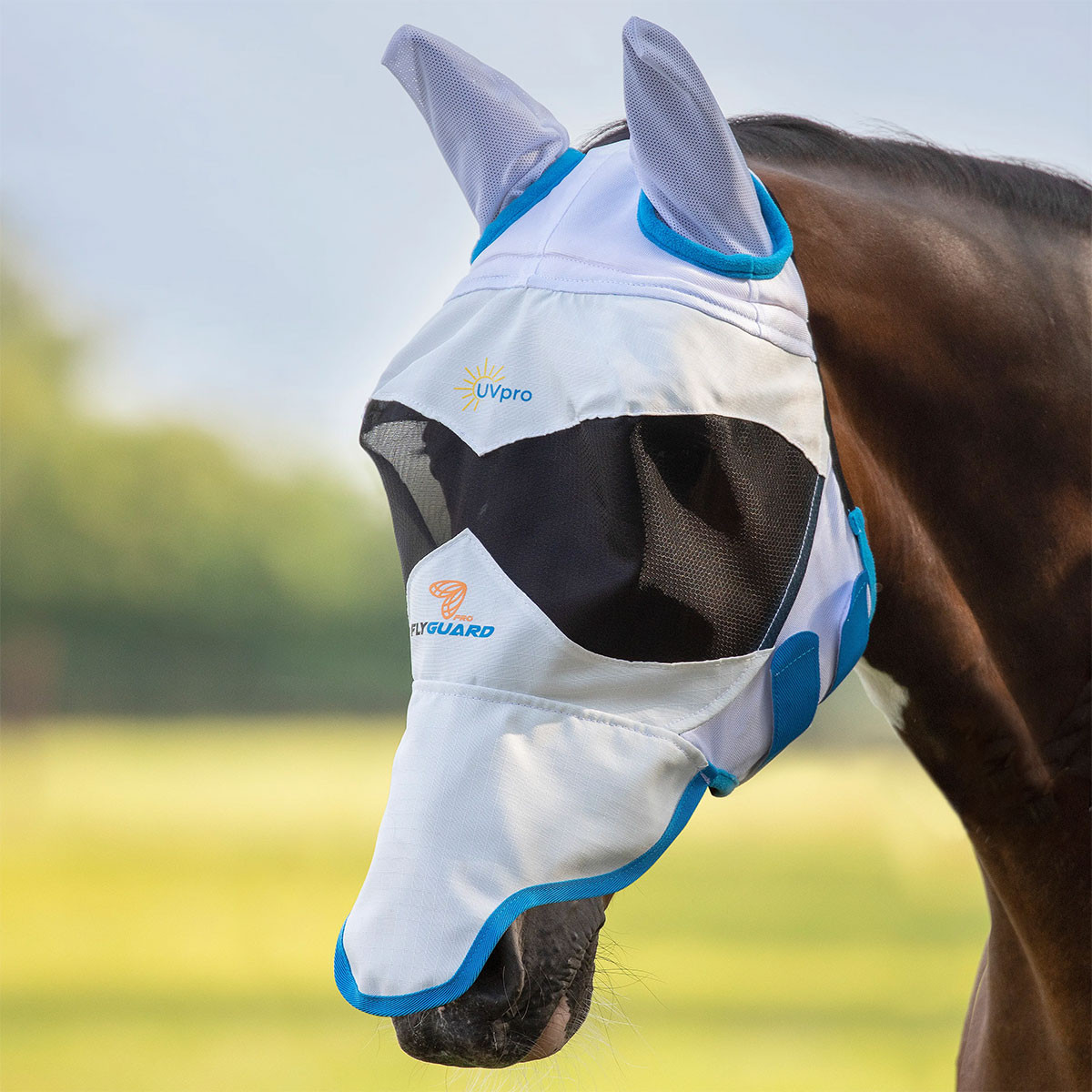 Shires FlyGuard Pro Sun Shade Fly Mask - White/Blue | Charlies