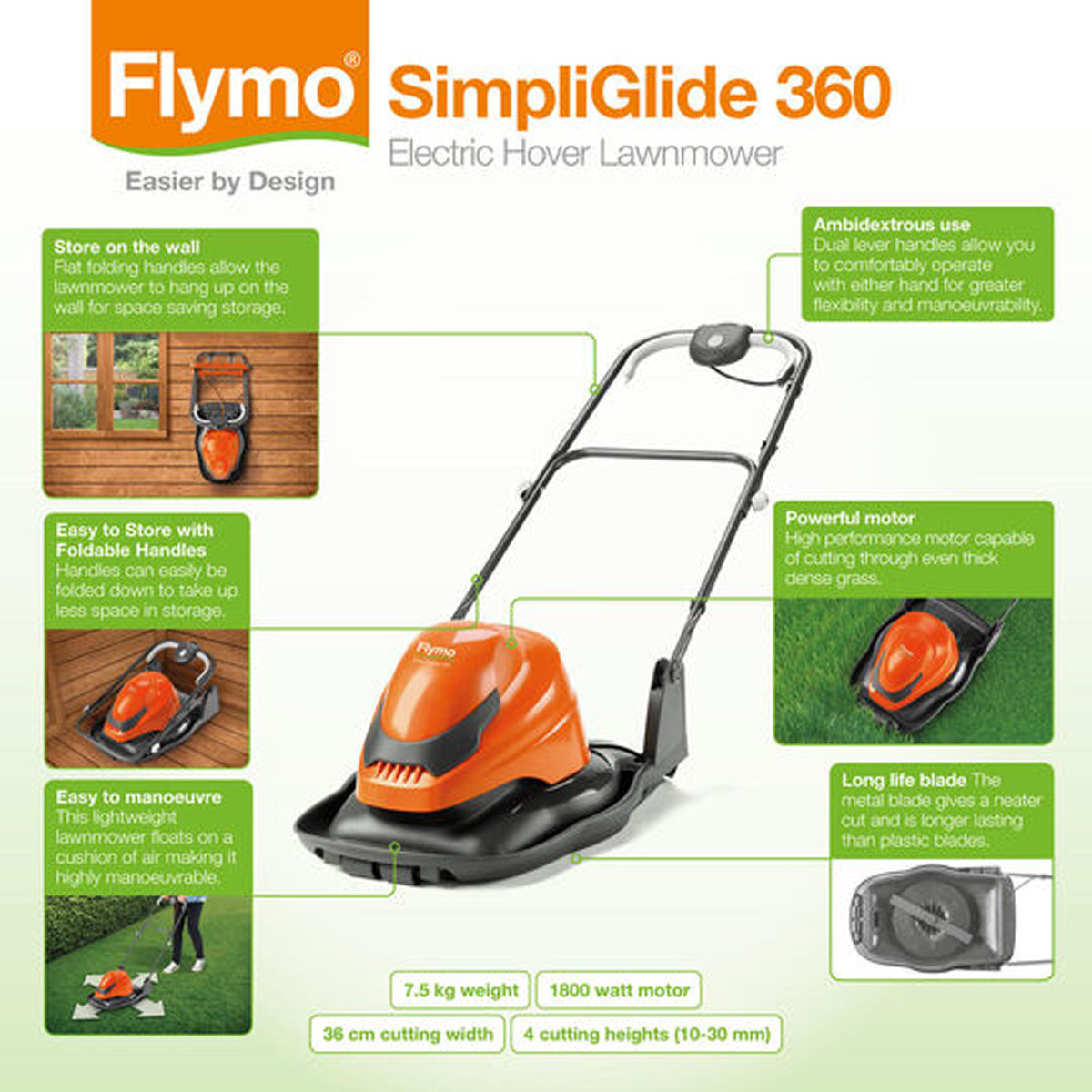 Flymo SimpliGlide 360 Corded Electric Rotary Lawnmower - 36cm | Charlies