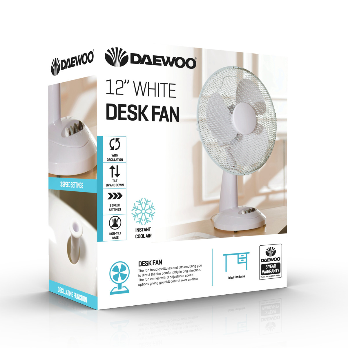 Daewoo Desk Fan, 12in - White | Charlies