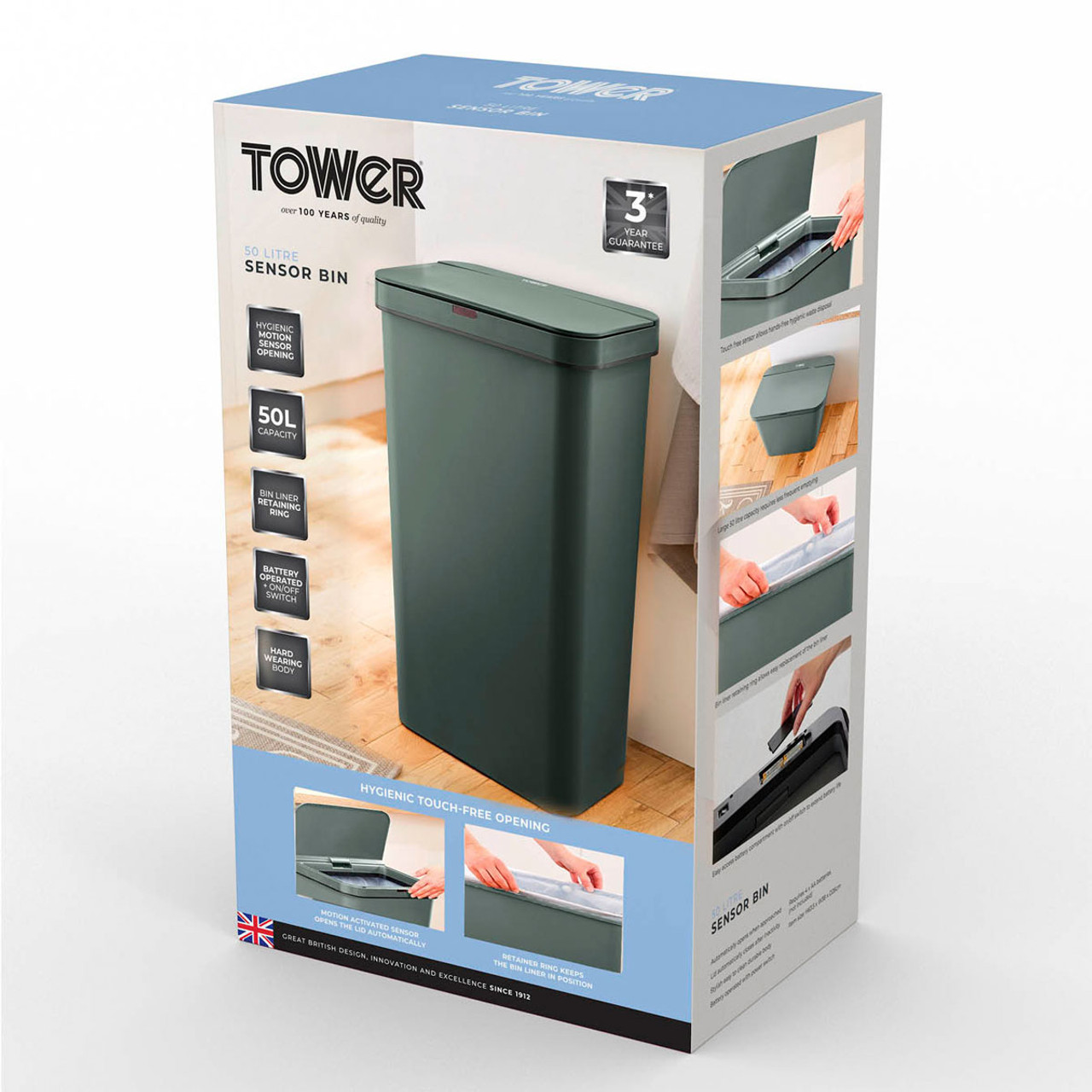 Tower 50L Rectangular Sensor Bin - Forest Green | Charlies