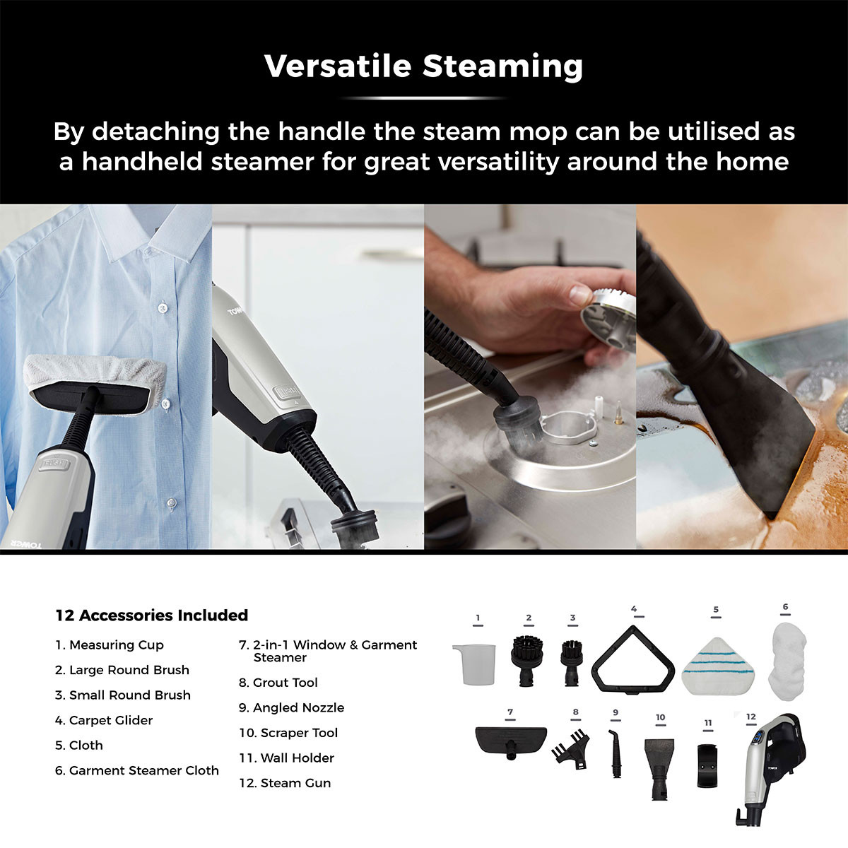 Tower TSM12 Multifunction 12-in-1 Steam Mop - Platinum Black | Charlies