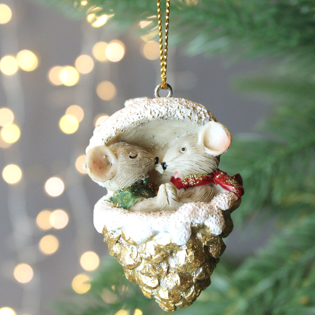 Gisela Graham Mice in Gold Cone Tree Decoration - 6cm | Charlies