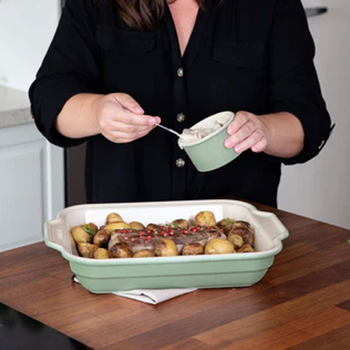 Pyrex Creation Rectangular Ceramic Roaster, Sage Green - 30cm | Charlies