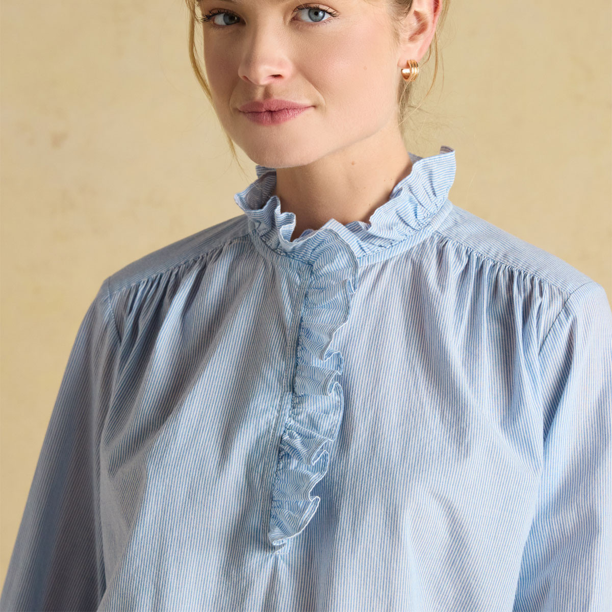 Joules Women's Melanie Ruffle Blouse - Blue/White | Charlies