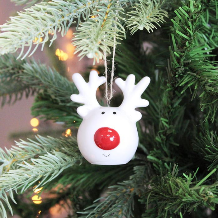 Ceramic Red Nosed Reindeer Head Tree Decoration - 7cm | Charlies
