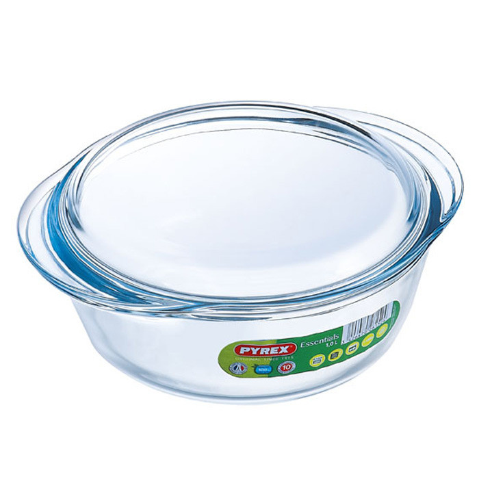 Pyrex Essentials Round Glass Casserole Dish with Lid - 1 Litre
