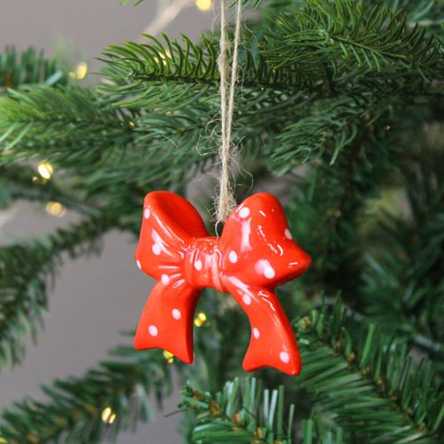 Red Polka Dot Bow Ceramic Tree Decoration - 7cm | Charlies