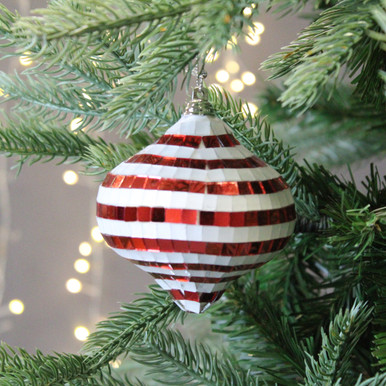 Festive Red & White Stripe Mirror Effect Glass Bauble - 8cm | Charlies